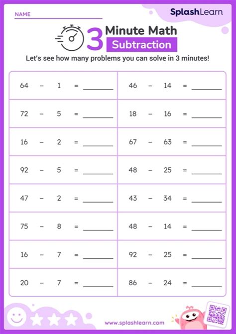 Subtract Numbers Within 100 Horizontal Timed Practice — Printable Math Worksheet