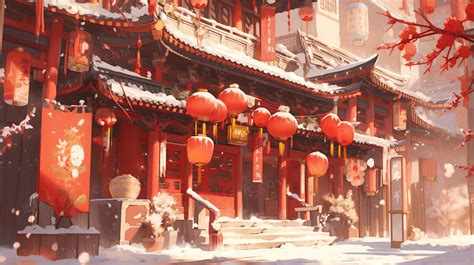 冬季张灯结彩的新年古镇插画 背景图片下载 2912x1632像素JPG格式 编号196fe8l31 图精灵