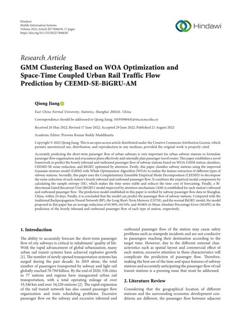 Pdf Gmm Clustering Based On Woa Optimization And Space Time Coupled Urban Rail Traffic Flow