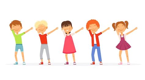 Dabbing 춤과 포즈를 취하는 아이들은 학교 십대 그룹 젊은 미국인들이 벡터 문자를 움직입니다 일러스트 Dab 캐릭터 댄서 댄스 Dabbing 공연 프리미엄 벡터