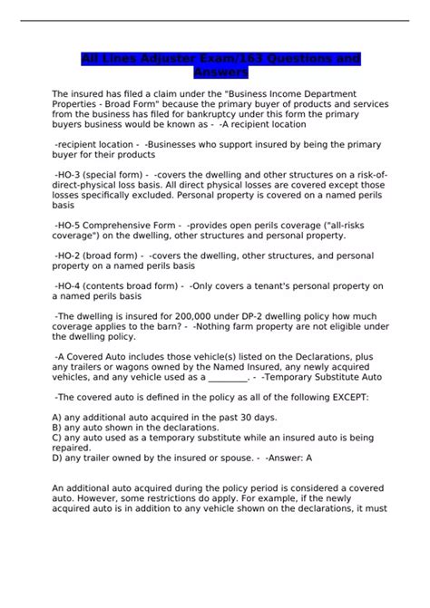 All Lines Adjuster Exam 163 Questions And Answers All Lines Adjuster