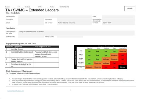 Extended Ladders Task Analysis Jsa Swms Nailedit Safety Docs