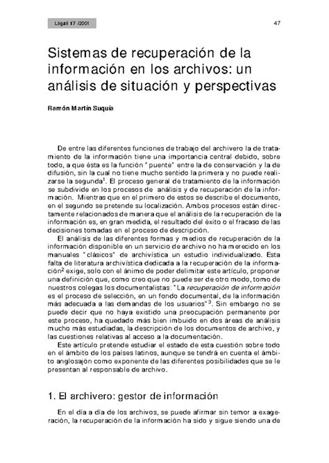 44 Sistemas De Recuperación De La Información Lligall 17 2001 47 Sistemas De Recuperación