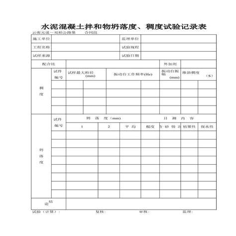公路工程第七章试验用表 水泥混凝土拌和物坍落度稠度试验记录表 施工文档 土木在线