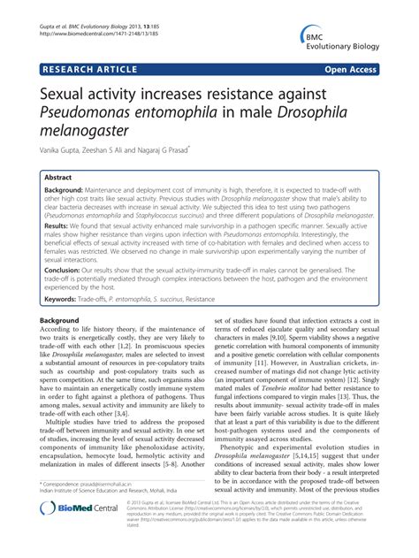 PDF Sexual Activity Increases Resistance Against Pseudomonas Entomophila In Male Drosophila