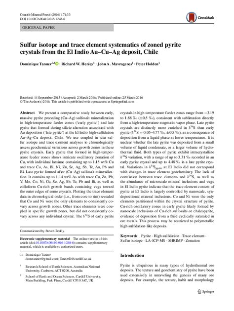 Pdf Sulfur Isotope And Trace Element Systematics Of Zoned Pyrite Crystals From The El Indio Au