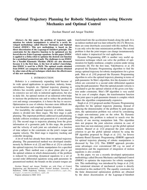 Pdf Optimal Trajectory Planning For Robotic Manipulators Using