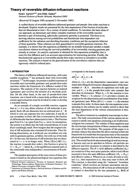 Pdf Theory Of Reversible Diffusion Influenced Reaction