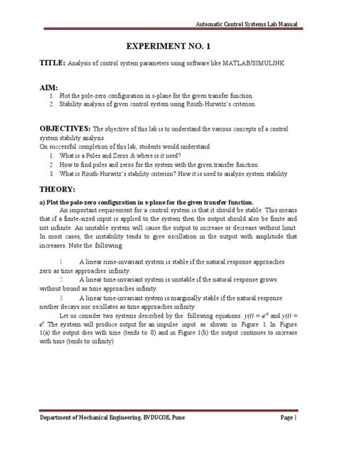 Experiment No 1 Analysis Of Control System Parameters Pdf Mathematics Applied Mathematics