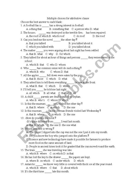 Multiple Choices For Attributive Clause Esl Worksheet By Yztcg2002