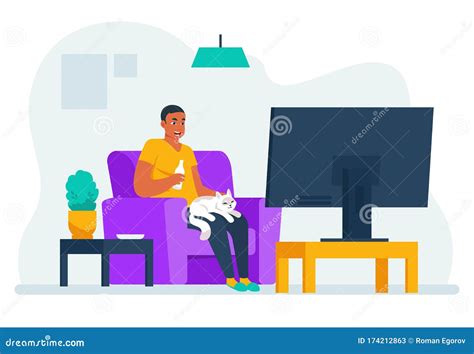 Hombre Viendo Tv Chico De Dibujos Animados Sentado En El Sofá De Casa Y Viendo Una Película O
