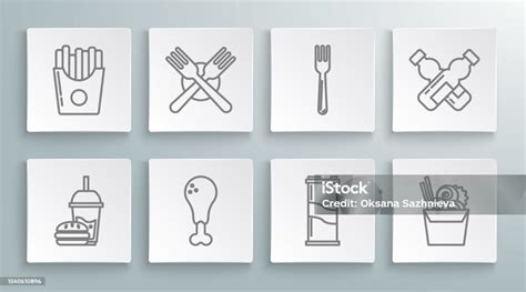 빨대와 햄버거 닭 다리 소다 캔 아시아 국수 종이 상자 젓가락 포크 물병 감자 튀김 판지 패키지 아이콘이 있는 종이 유리를