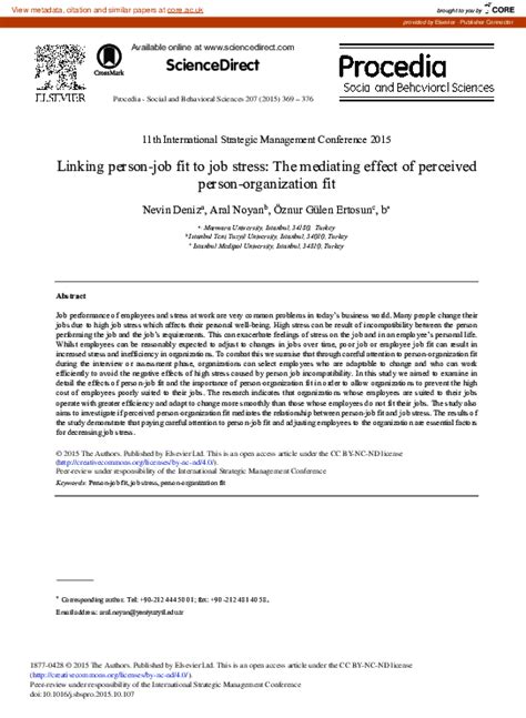 Pdf Linking Person Job Fit To Job Stress The Mediating Effect Of Perceived Person