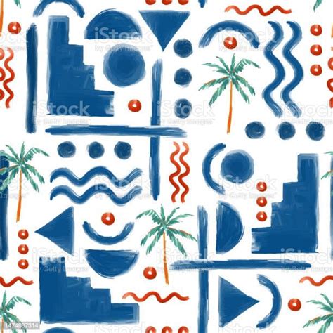 렌디 최소 여름 완벽 한 패턴 휴가 순간 손으로 그린 선 기하학적 파도 야자수 각 Lbife 요소 벡터 일러스트 레이 션 귀여운에 대한 스톡 벡터 아트 및 기타 이미지