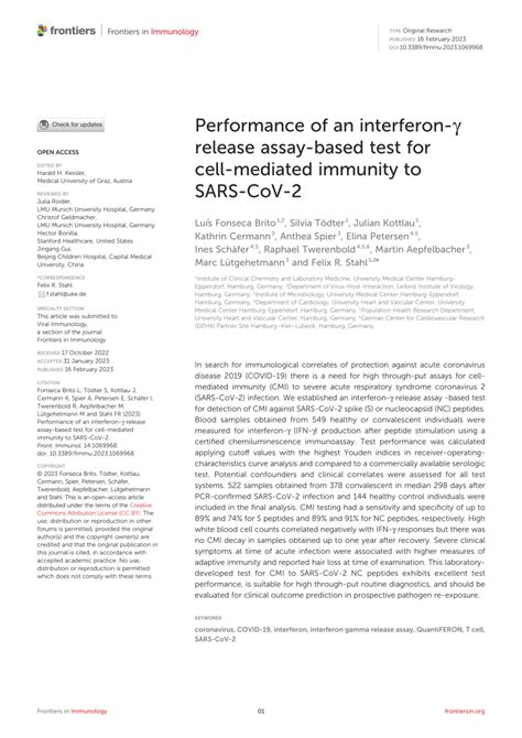 Pdf Performance Of An Interferon γ Release Assay Based Test For Cell Mediated Immunity To Sars