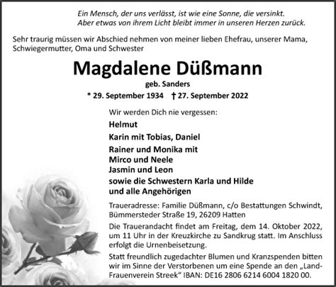 Traueranzeigen Von Magdalene Düßmann Nordwest Trauer De
