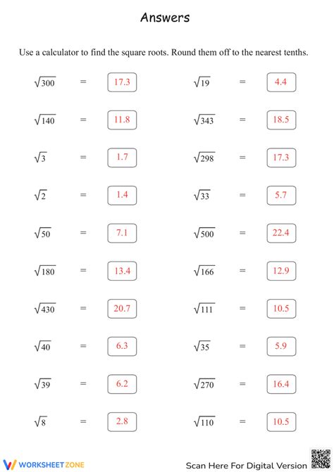 Estimating Square Roots Worksheets