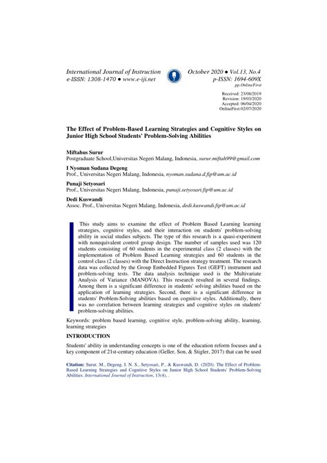 Pdf The Effect Of Problem Based Learning Strategies And Cognitive