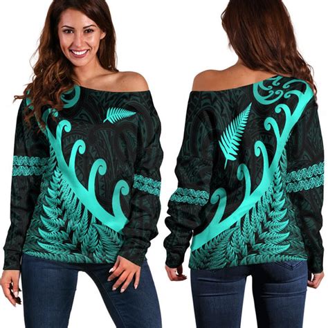 New Zealand Rugby Maori Women Off Shoulder Sweater Silver Fern Koru