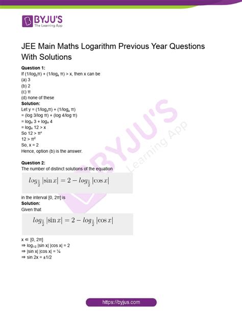 jee main maths logarithm previous year questions with solutions docx