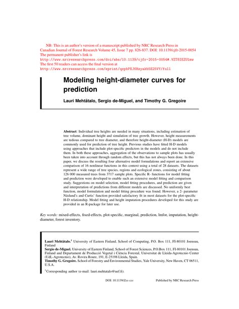 Pdf Modeling Height Diameter Curves For Prediction