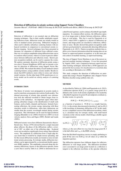 Pdf Detection Of Diffractions In Seismic Sections Using Support Vector Classifiers