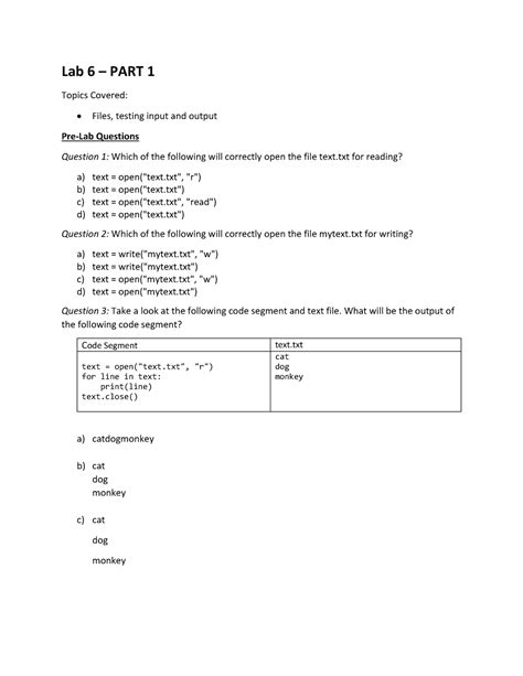 Lab 6 Lab Requirement Lab 6 Part 1 Topics Covered Files Testing Input And Output Pre‐lab