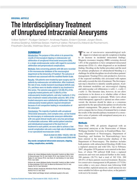 Pdf The Interdisciplinary Treatment Of Unruptured Intracranial Aneurysms