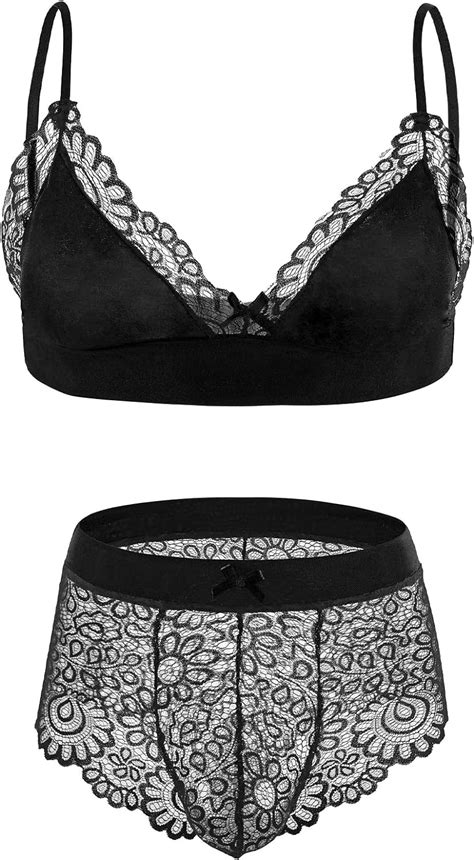 Mens Sissy Lingerie Set Sexy Floral Lace Crossdresser Underwear Bra With Bowknots