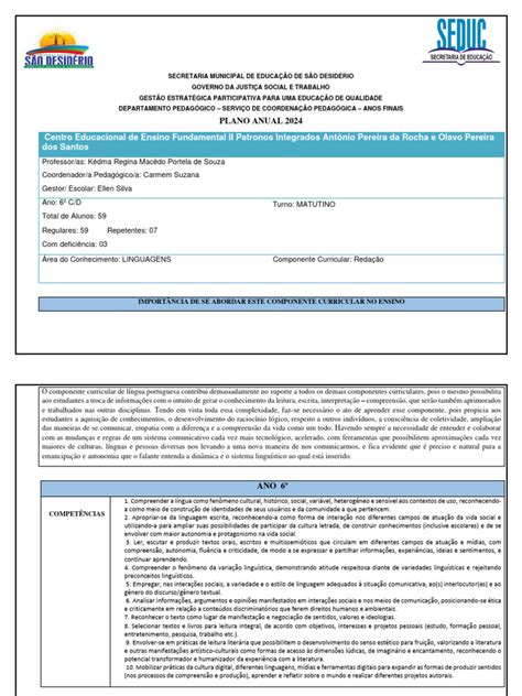 Plano Anual 6º Ano RedaÇÃo Sao Desideriocompleto 2024 Pdf Pedagogia