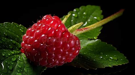 Raspberry Fruit With Leaf Fresh Fruit On Dark Background Stock