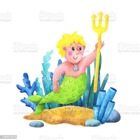 남자는 노란 머리와 그의 손에 트라이던트와 인어입니다 만화 스타일의 수채화 일러스트레이션이 있는 컴포지션 어린이 인쇄 흰색 배경에 이미지를 스톡합니다 0명에 대한 스톡 벡터