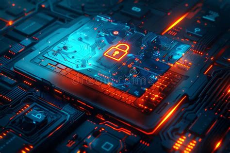 Padlock Over Glowing Abstract Electronic Circuit Background Data Encryption Cyber Security