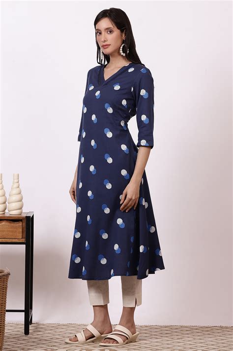 Buy Midnight Blue Polka Dots Cotton Rayon A Line Kurta Online For Woman