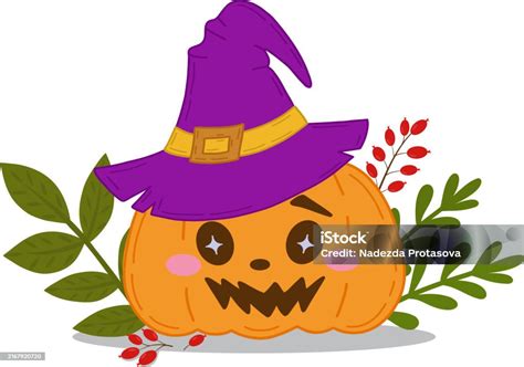 마녀의 모자를 쓴 귀여운 할로윈 호박에 풀과 열매가 있습니다 Halloween 벡터 일러스트 레이 션 배너 엽서 전단지 소셜 네트워크 배경 화면 등 0명에 대한 스톡 벡터