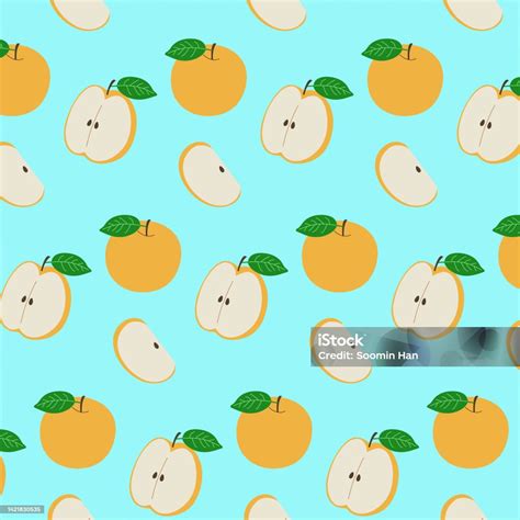 연한 파란색 배경에 흩어져있는 한국 배 패턴 벡터 일러스트 레이 션 계절에 대한 스톡 벡터 아트 및 기타 이미지 계절 과일 그리기 Istock