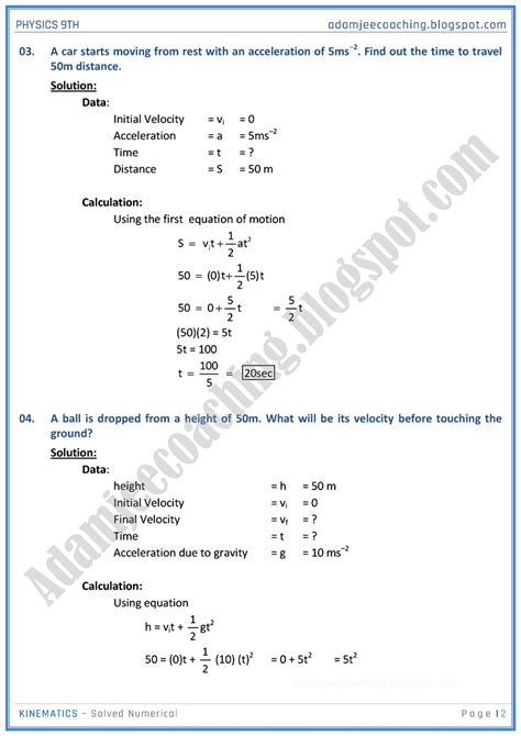 Adamjee Coaching Kinematics Solved Numerical Physics 9th