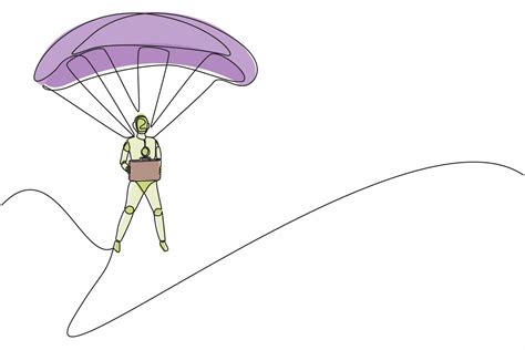 Single One Line Drawing Robots Jump With Parachute And Holding Briefcase Humanoid Robot
