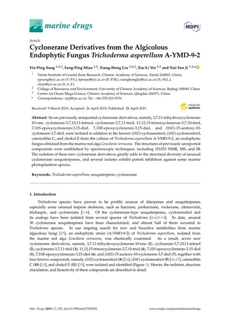 Pdf Cyclonerane Derivatives From The Algicolous Endophytic Fungus Trichoderma Asperellum A Ymd 9 2