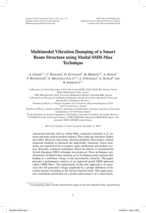 Pdf Multimodal Vibration Damping Of A Smart Beam Structure Using Modal Ssdi Max Technique