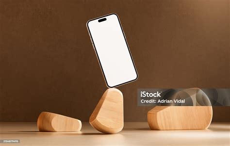 Ui Ux 앱 컨셉 디자인을 위한 나무 소품이 있는 전화 화면 모형 사실적인 3d 렌더링의 응용 프로그램 인터페이스 및 웹 디자인 프레젠테이션 개념 원형에 대한 스톡 사진