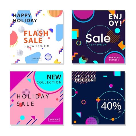 트렌디한 기하학적 모양 멤피스 그래픽 요소가 있는 정사각형 소셜 미디어 포스트 템플릿 컬렉션 프리미엄 벡터