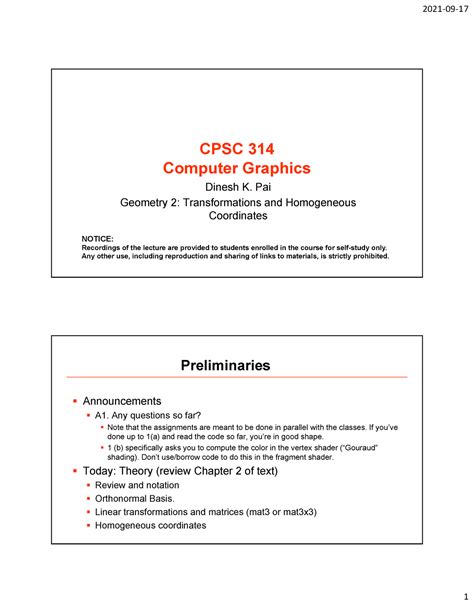 Lecture Geometry Transformations And Homogeneous Coordinates Slides