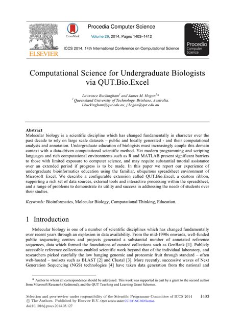 Pdf Computational Science For Undergraduate Biologists Via Qutbioexcel