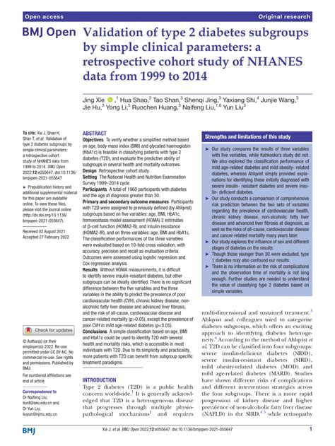Pdf Validation Of Type 2 Diabetes Subgroups By Simple Clinical