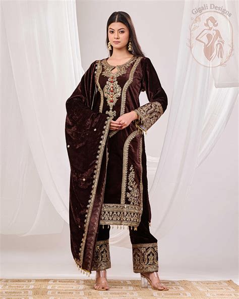 Coffee Brown Velvet Suit Set Heavy Zari Sequins Embroidered Pakistani