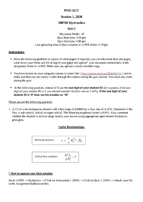 Quiz 1 2020 Warning Tt Undefined Function 32 Wsu Scc Session 1 2020 300765 Hydraulics Quiz