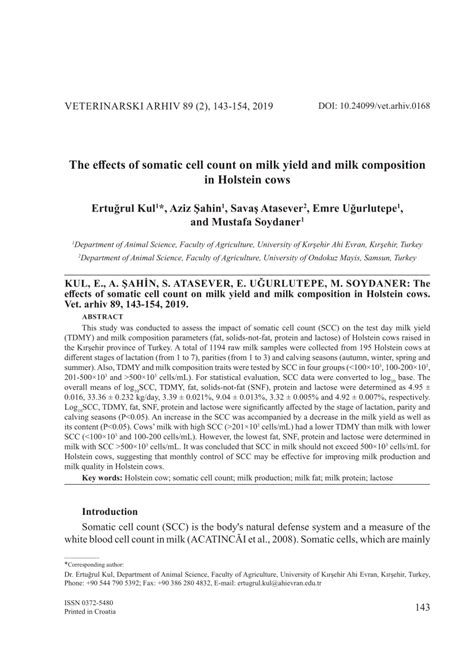 Pdf The Effects Of Somatic Cell Count On Milk Yield And Milk Composition In Holstein Cows
