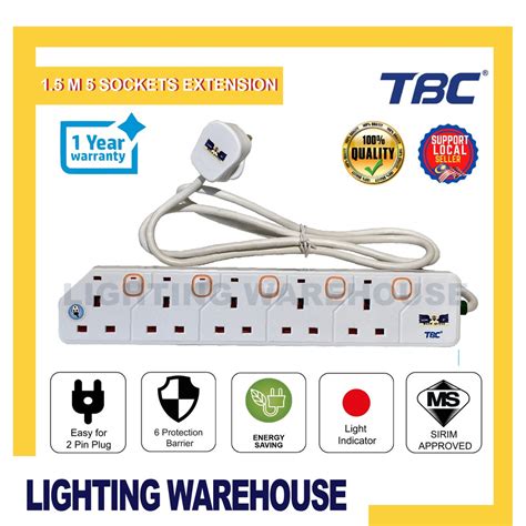【sirim Approved】tbc Premium Tts Portable Trailing Socket 5 Way 1 5m Uk 3 Pin Plug Extension