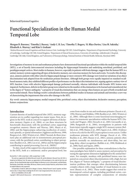 Pdf Functional Specialization In The Human Medial Temporal Lobe